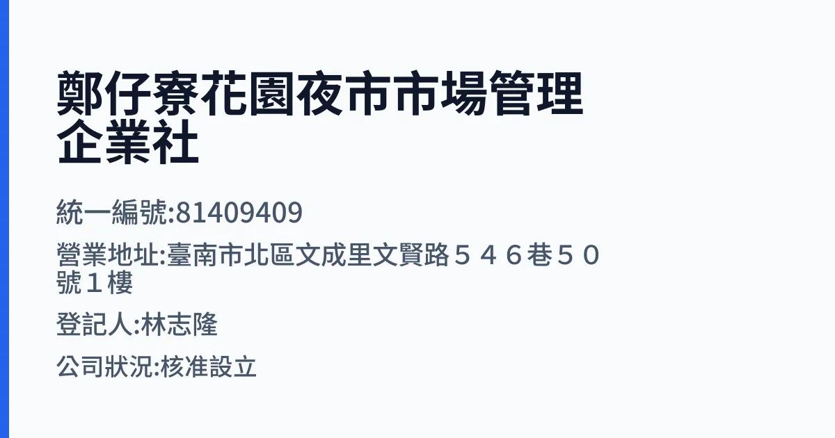 鄭仔寮花園夜市市場管理企業社 - 統編 81409409(臺南市) 公司登記資料與營業項目詳細圖表