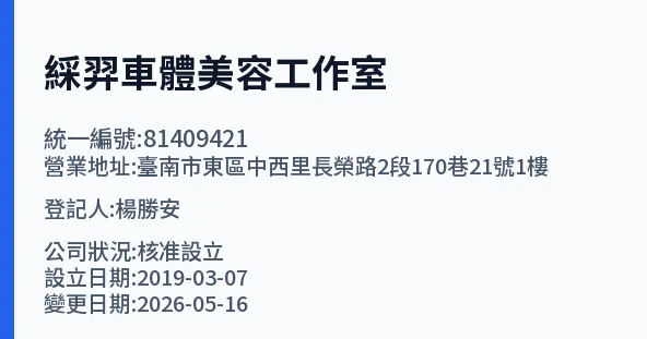 綵羿車體美容工作室的照片-統編 81409421(臺南市) 公司登記資料與營業項目詳細圖表