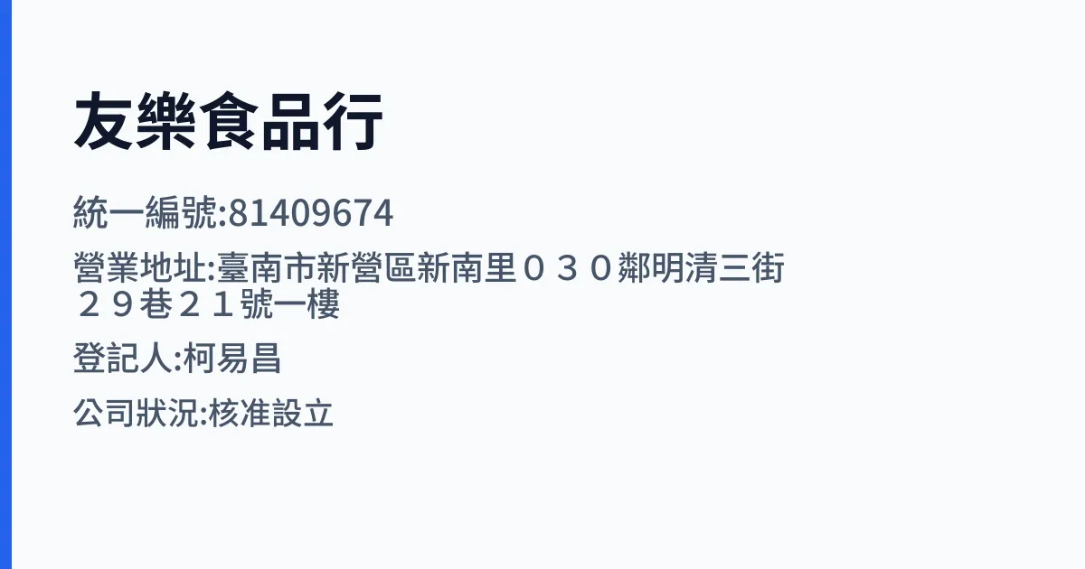 友樂食品行 - 統編 81409674(臺南市) 公司登記資料與營業項目詳細圖表