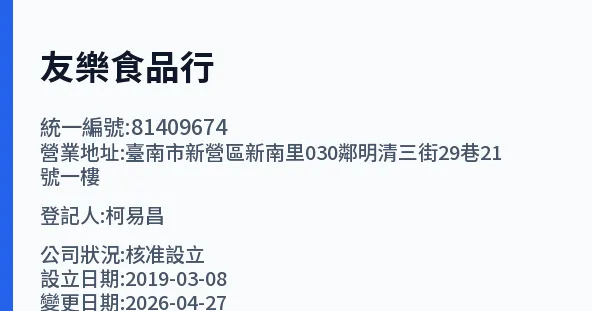友樂食品行的照片-統編 81409674(臺南市) 公司登記資料與營業項目詳細圖表