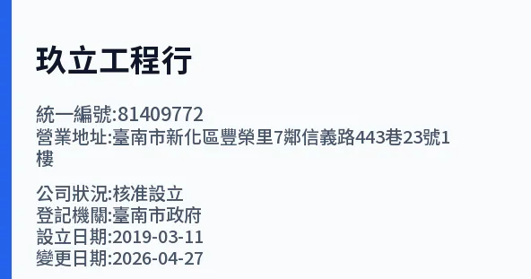玖立工程行的照片-統編 81409772(臺南市) 公司登記資料與營業項目詳細圖表