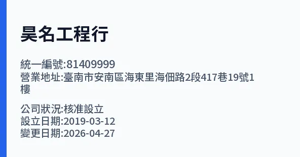 昊名工程行的照片-統編 81409999(臺南市) 公司登記資料與營業項目詳細圖表