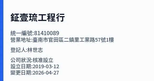 鉦壹琉工程行的照片-統編 81410089(臺南市) 公司登記資料與營業項目詳細圖表