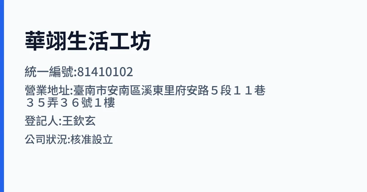 華翊生活工坊 - 統編 81410102(臺南市) 公司登記資料與營業項目詳細圖表