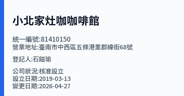 小北家灶咖咖啡館的照片-統編 81410150(臺南市) 公司登記資料與營業項目詳細圖表