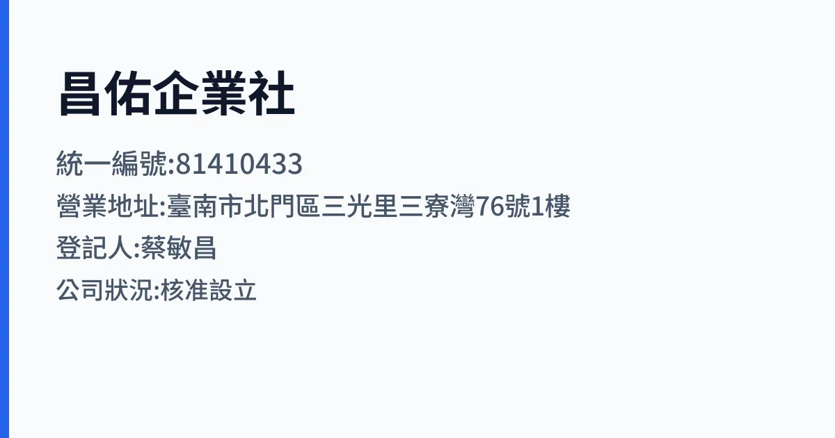 昌佑企業社 - 統編 81410433(臺南市) 公司登記資料與營業項目詳細圖表