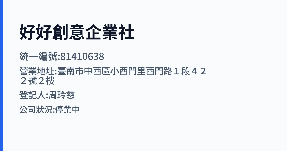 好好創意企業社 - 統編 81410638（臺南市） 公司登記資料與營業項目詳細圖表
