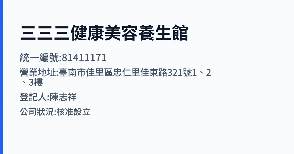 三三三健康美容養生館 - 統編 81411171(臺南市) 公司登記資料與營業項目詳細圖表