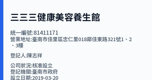 三三三健康美容養生館的照片-統編 81411171(臺南市) 公司登記資料與營業項目詳細圖表