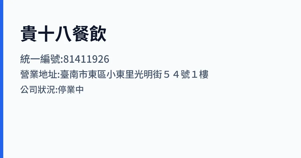 貴十八餐飲 - 統編 81411926(臺南市) 公司登記資料與營業項目詳細圖表