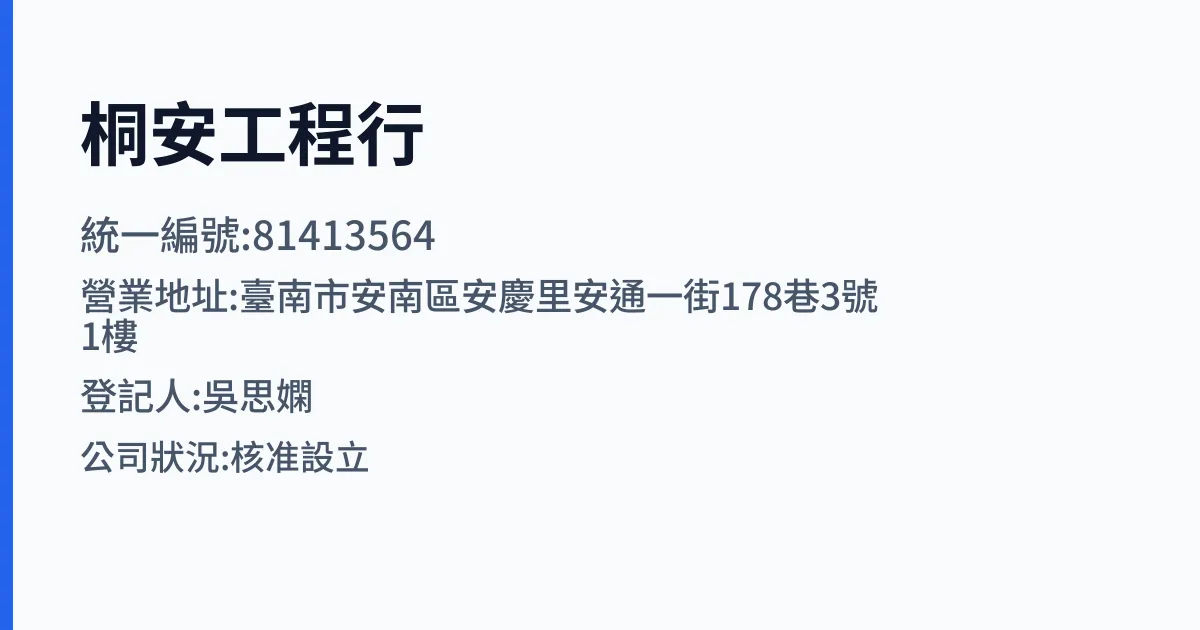 桐安工程行 - 統編 81413564(臺南市) 公司登記資料與營業項目詳細圖表