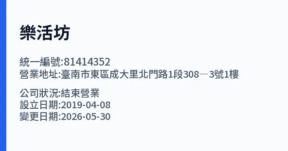 樂活坊的照片-統編 81414352(臺南市) 公司登記資料與營業項目詳細圖表