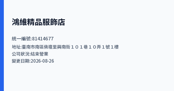 鴻維精品服飾店的照片-統編 81414677(臺南市) 公司登記資料與營業項目詳細圖表