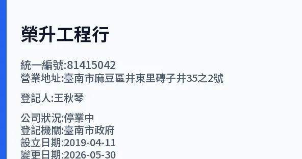 榮升工程行的照片-統編 81415042(臺南市) 公司登記資料與營業項目詳細圖表