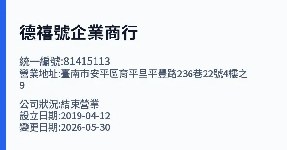 德禧號企業商行的照片-統編 81415113(臺南市) 公司登記資料與營業項目詳細圖表
