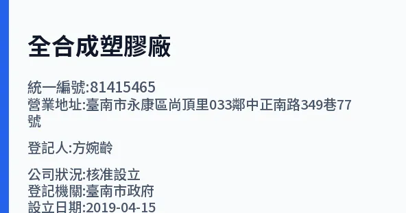 全合成塑膠廠的照片-統編 81415465(臺南市) 公司登記資料與營業項目詳細圖表