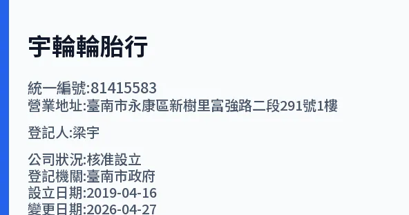 宇輪輪胎行的照片-統編 81415583(臺南市) 公司登記資料與營業項目詳細圖表