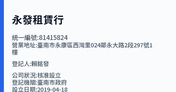 永發租賃行的照片-統編 81415824(臺南市) 公司登記資料與營業項目詳細圖表