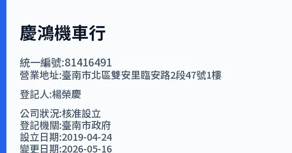 慶鴻機車行的照片-統編 81416491(臺南市) 公司登記資料與營業項目詳細圖表