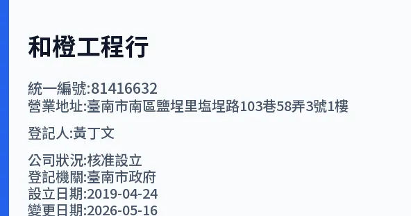 和橙工程行的照片-統編 81416632(臺南市) 公司登記資料與營業項目詳細圖表