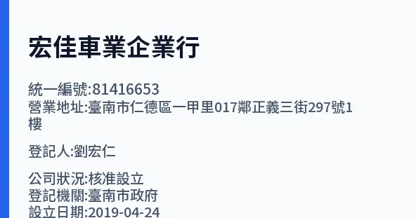 宏佳車業企業行的照片-統編 81416653(臺南市) 公司登記資料與營業項目詳細圖表