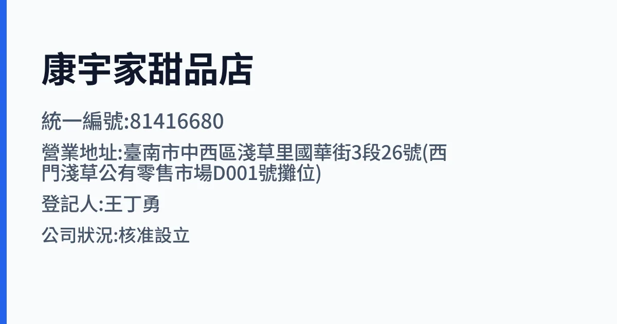 康宇家甜品店 - 統編 81416680(臺南市) 公司登記資料與營業項目詳細圖表