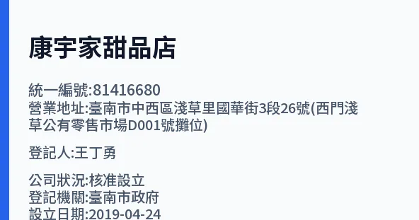 康宇家甜品店的照片-統編 81416680(臺南市) 公司登記資料與營業項目詳細圖表