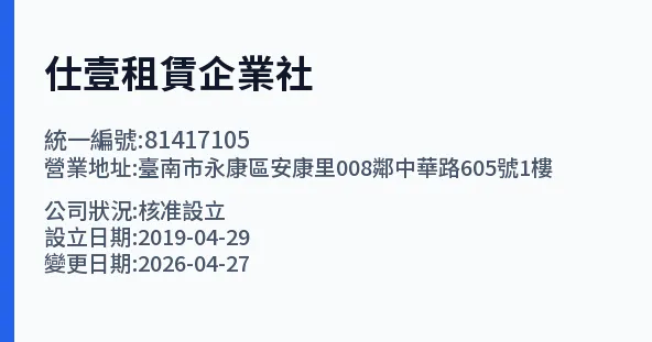 仕壹租賃企業社的照片-統編 81417105(臺南市) 公司登記資料與營業項目詳細圖表