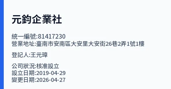 元鈞企業社的照片-統編 81417230(臺南市) 公司登記資料與營業項目詳細圖表