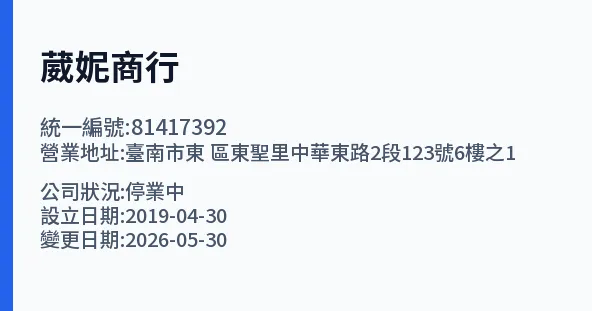葳妮商行的照片-統編 81417392(臺南市) 公司登記資料與營業項目詳細圖表