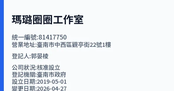 瑪璐圈圈工作室的照片-統編 81417750(臺南市) 公司登記資料與營業項目詳細圖表