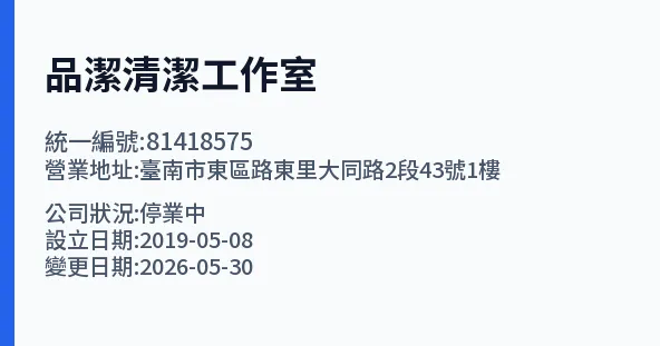 品潔清潔工作室的照片-統編 81418575(臺南市) 公司登記資料與營業項目詳細圖表