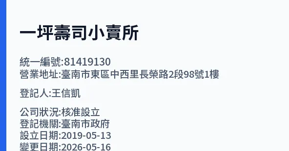 一坪壽司小賣所的照片-統編 81419130(臺南市) 公司登記資料與營業項目詳細圖表