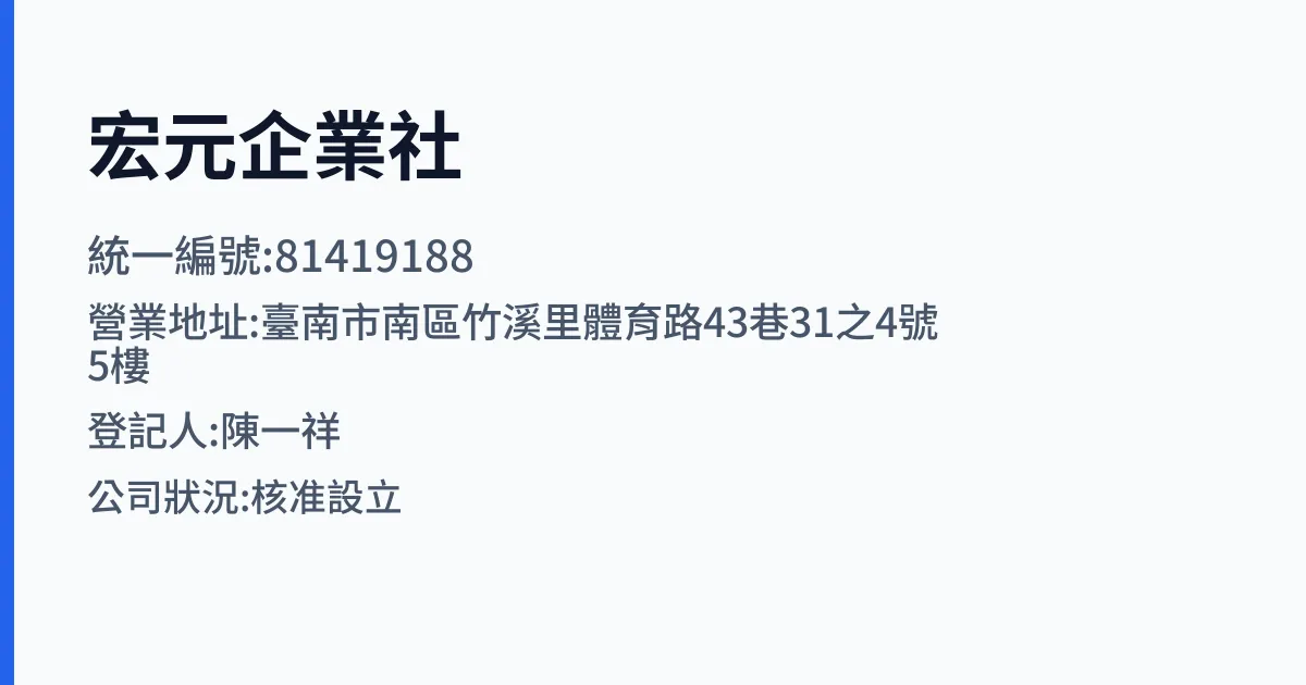 宏元企業社 - 統編 81419188(臺南市) 公司登記資料與營業項目詳細圖表