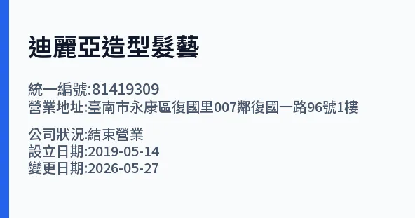 迪麗亞造型髮藝的照片-統編 81419309(臺南市) 公司登記資料與營業項目詳細圖表