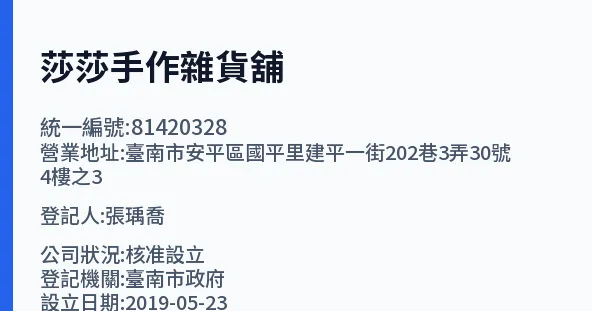 莎莎手作雜貨舖的照片-統編 81420328(臺南市) 公司登記資料與營業項目詳細圖表