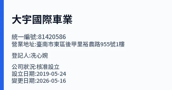 大宇國際車業的照片-統編 81420586(臺南市) 公司登記資料與營業項目詳細圖表