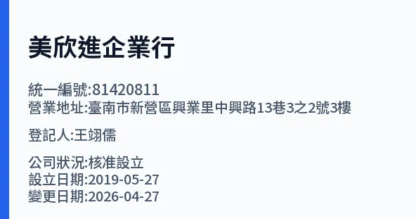 美欣進企業行的照片-統編 81420811(臺南市) 公司登記資料與營業項目詳細圖表