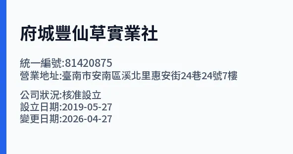 府城豐仙草實業社的照片-統編 81420875(臺南市) 公司登記資料與營業項目詳細圖表