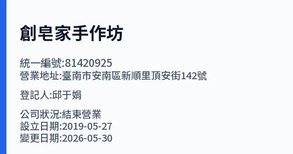 創皂家手作坊的照片-統編 81420925(臺南市) 公司登記資料與營業項目詳細圖表