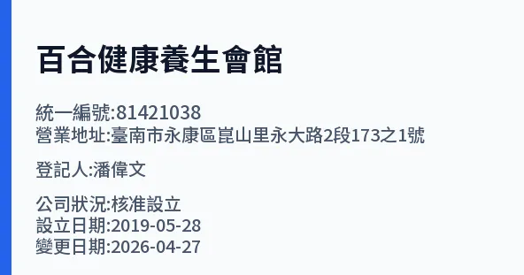 百合健康養生會館的照片-統編 81421038(臺南市) 公司登記資料與營業項目詳細圖表
