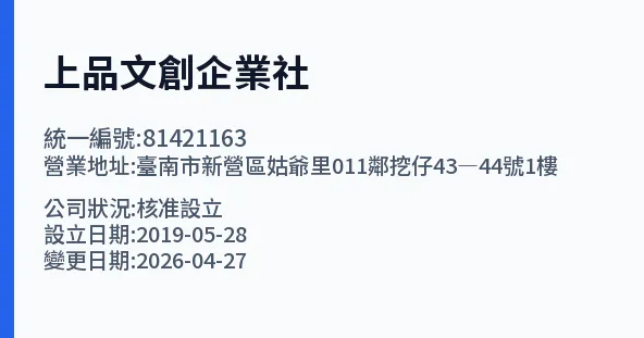 上品文創企業社的照片-統編 81421163(臺南市) 公司登記資料與營業項目詳細圖表