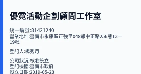 優霓活動企劃顧問工作室的照片-統編 81421240(臺南市) 公司登記資料與營業項目詳細圖表