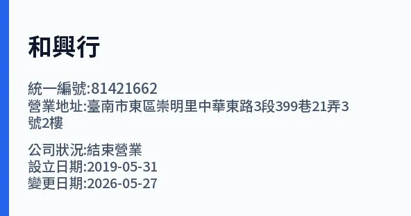 和興行的照片-統編 81421662(臺南市) 公司登記資料與營業項目詳細圖表