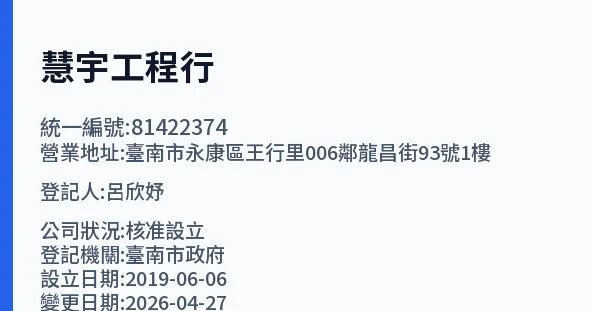 慧宇工程行的照片-統編 81422374(臺南市) 公司登記資料與營業項目詳細圖表