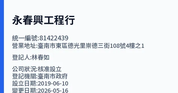 永春興工程行的照片-統編 81422439(臺南市) 公司登記資料與營業項目詳細圖表