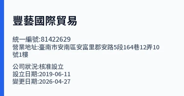豐藝國際貿易的照片-統編 81422629(臺南市) 公司登記資料與營業項目詳細圖表