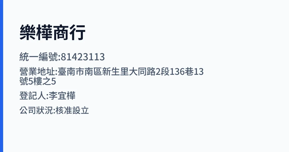 樂樺商行 - 統編 81423113(臺南市) 公司登記資料與營業項目詳細圖表