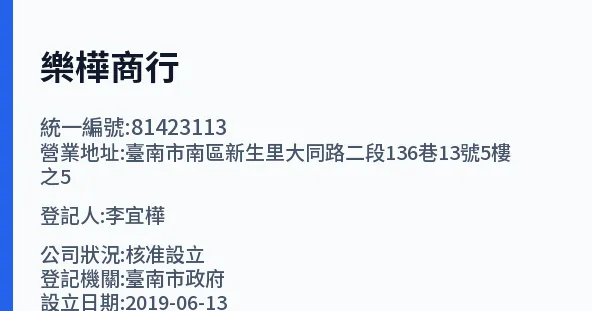 樂樺商行的照片-統編 81423113(臺南市) 公司登記資料與營業項目詳細圖表