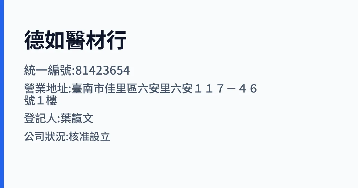德如醫材行 - 統編 81423654(臺南市) 公司登記資料與營業項目詳細圖表